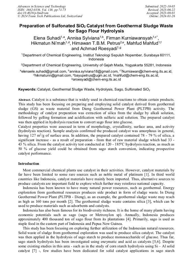 Preparation of Sulfonated SiO2 Catalyst from Geothermal Sludge Waste ...