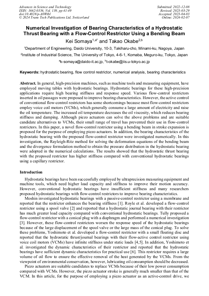 Numerical Investigation of Bearing Characteristics of a Hydrostatic ...