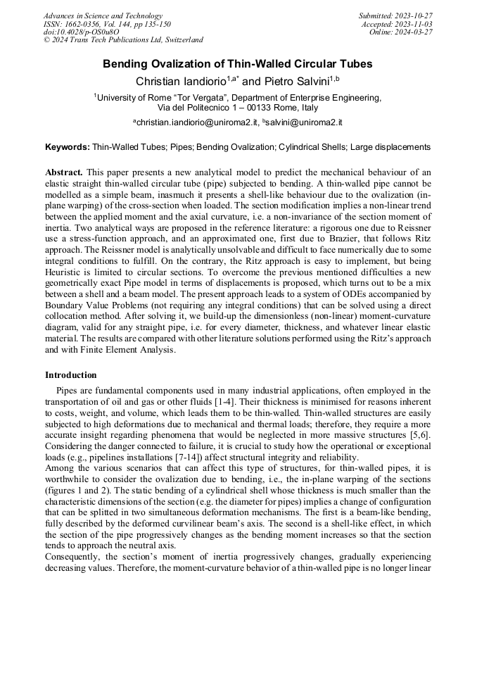 Bending Ovalization of Thin-Walled Circular Tubes | Scientific.Net