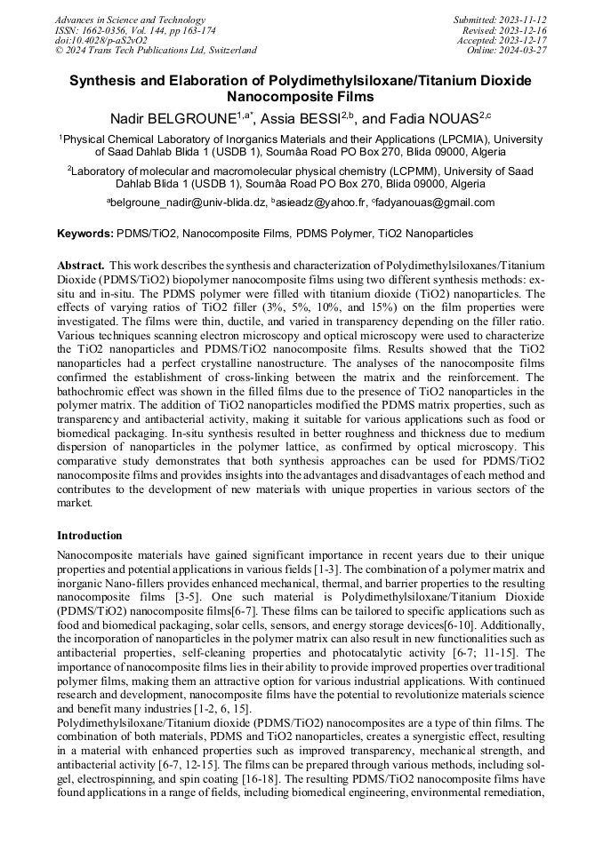 Synthesis and Elaboration of Polydimethylsiloxane/Titanium Dioxide ...