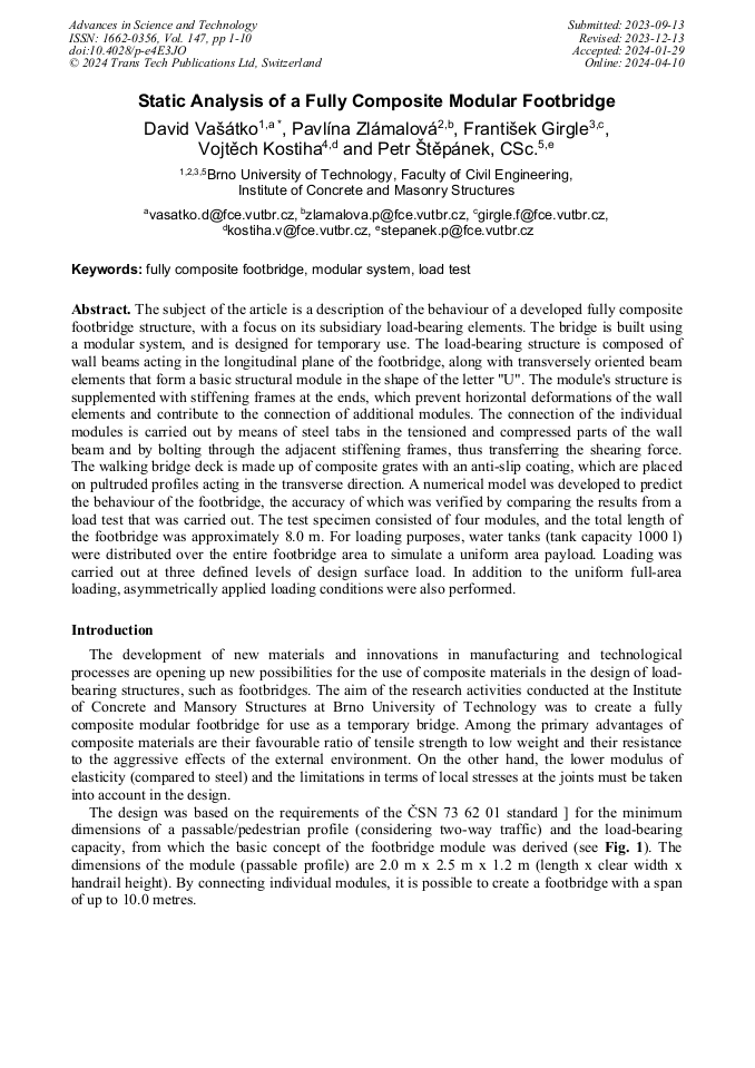 Static Analysis of a Fully Composite Modular Footbridge | Scientific.Net