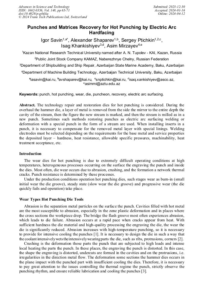 Punches and Matrices Recovery for Hot Punching by Electric Arc ...