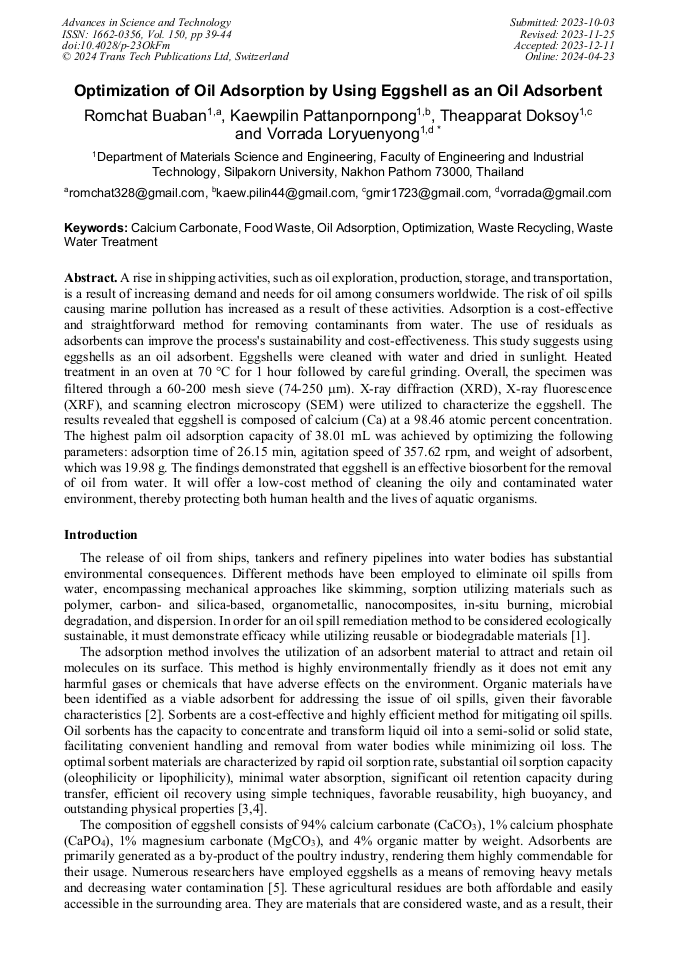 Optimization of Oil Adsorption by Using Eggshell as an Oil Adsorbent ...
