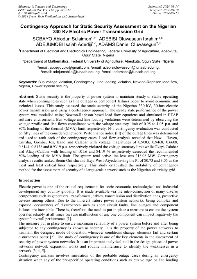 Contingency Approach for Static Security Assessment on the Nigerian 330 ...
