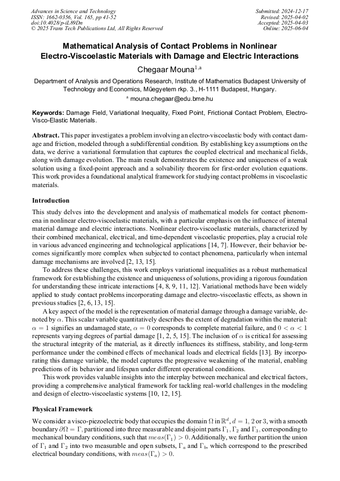 Mathematical Analysis of Contact Problems in Nonlinear Electro-Viscoelastic Materials with ...