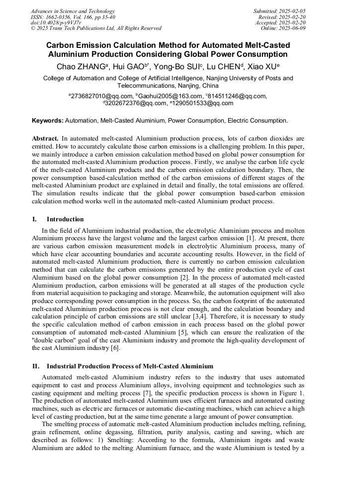Carbon Emission Calculation Method for Automated Melt-Casted Aluminium Production Considering ...
