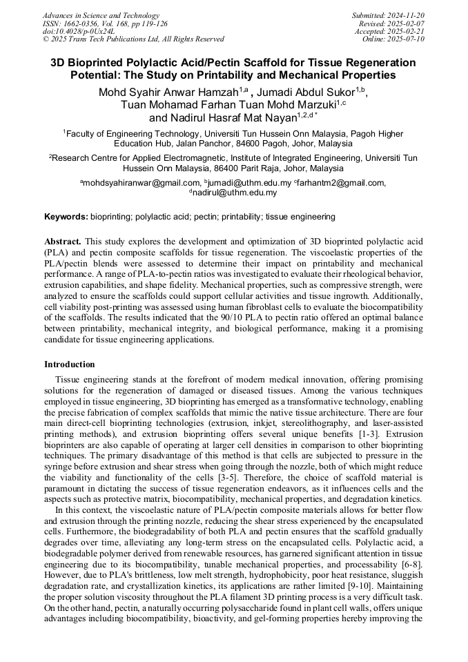 3D Bioprinted Polylactic Acid/Pectin Scaffold for Tissue Regeneration ...