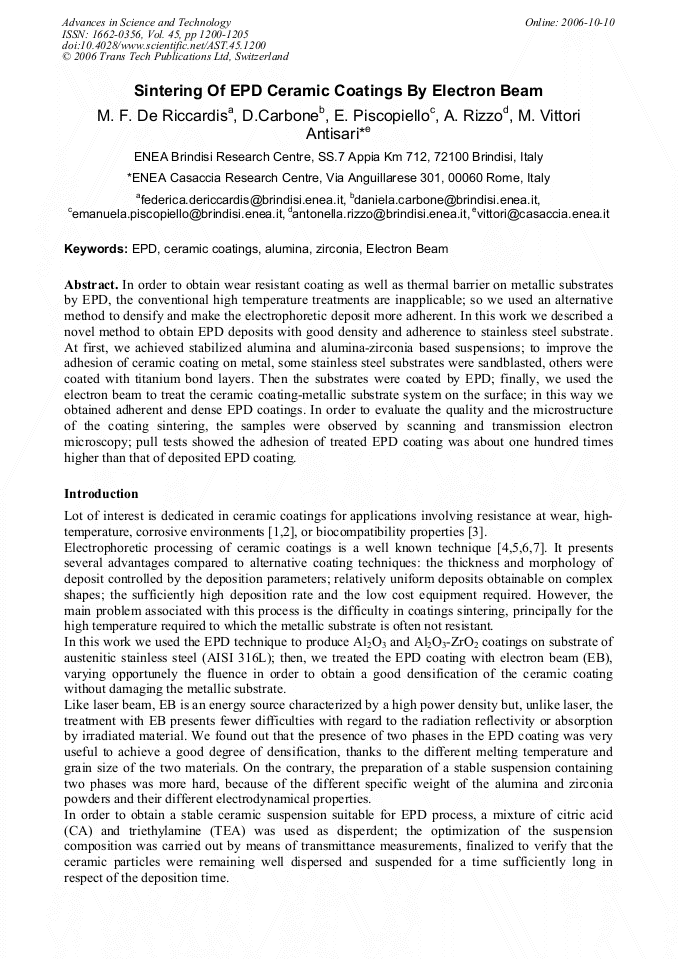 Sintering of EPD Ceramic Coatings by Electron Beam | Scientific.Net