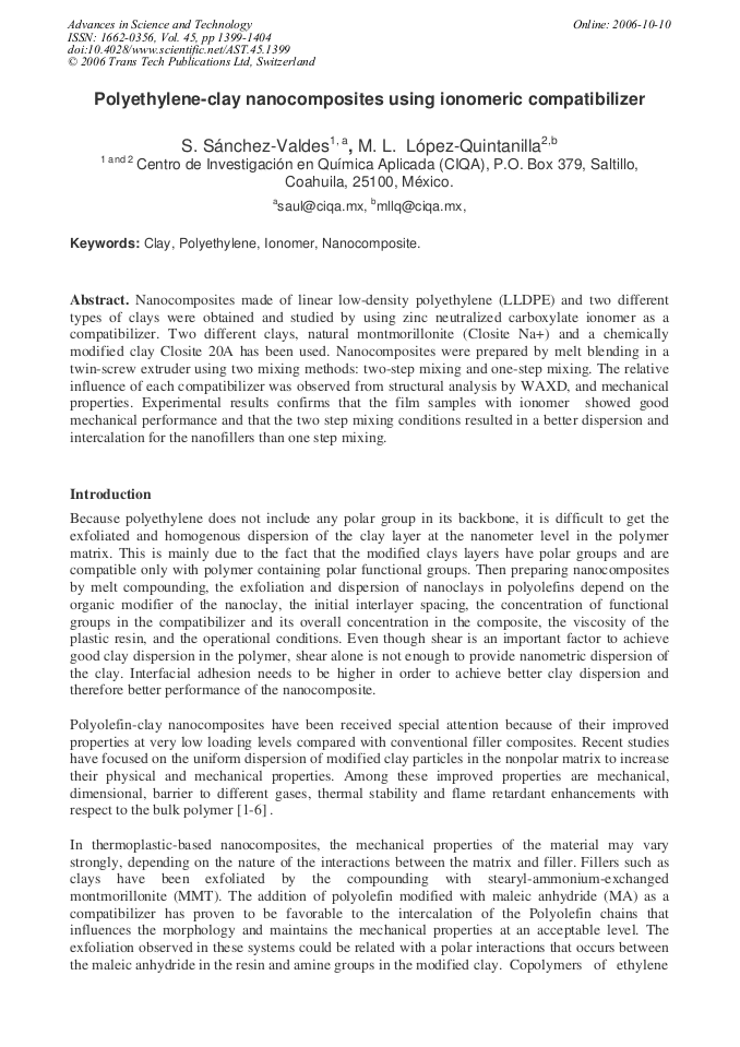 Polyethylene-Clay Nanocomposites Using Ionomeric Compatibilizer ...