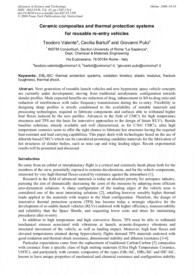 Ceramic Composites and Thermal Protection Systems for Reusable Re-Entry ...