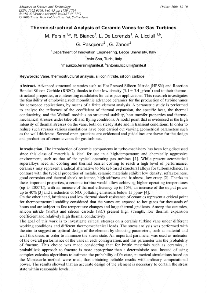 Thermo-Structural Analysis of Ceramic Vanes for Gas Turbines ...