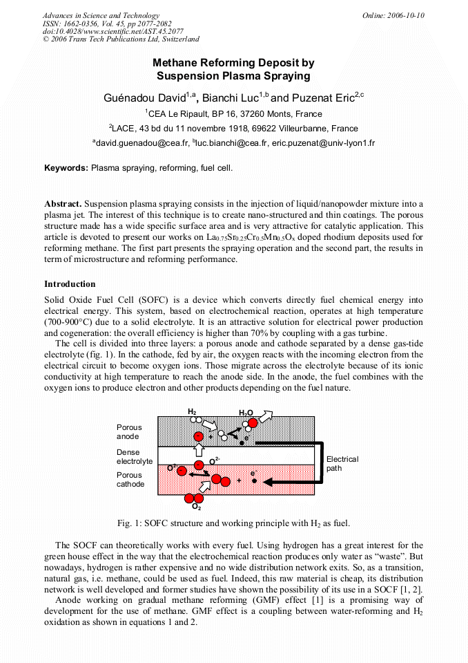 Methane Reforming Deposit by Suspension Plasma Spraying | Scientific.Net