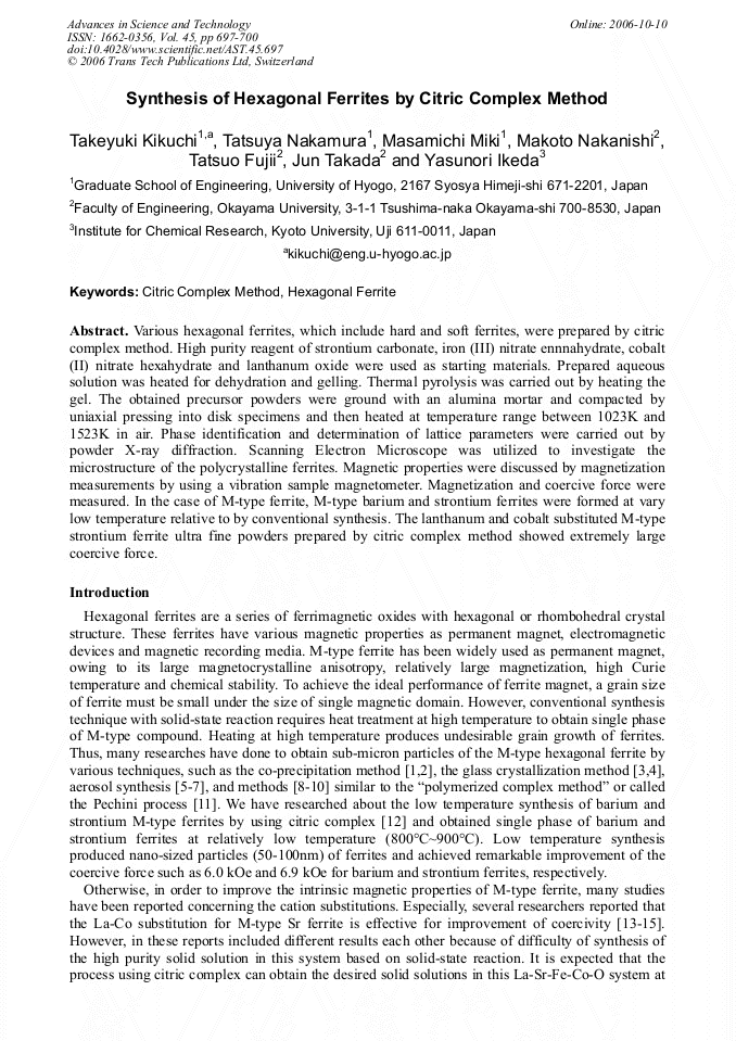 Synthesis of Hexagonal Ferrites by Citric Complex Method | Scientific.Net