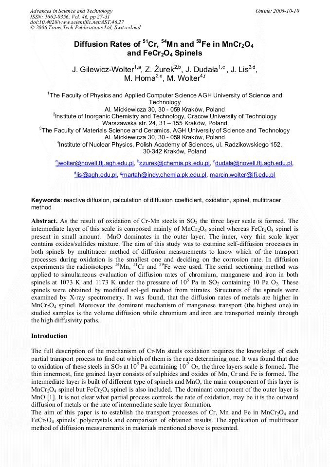 Diffusion Rates of51Cr,54Mn and 59Fe in MnCr2O4 and FeCr2O4 Spinels ...