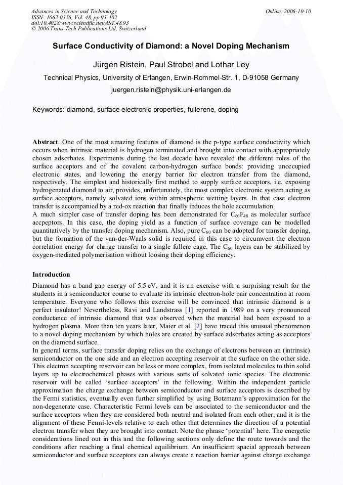 Surface Conductivity of Diamond: A Novel Doping Mechanism | Scientific.Net