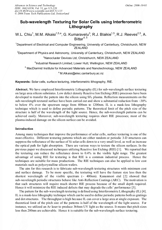 Sub-Wavelength Texturing for Solar Cells Using Interferometric ...