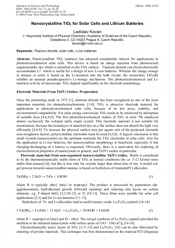 Nanocrystalline TiO2 for Solar Cells and Lithium Batteries | Scientific.Net