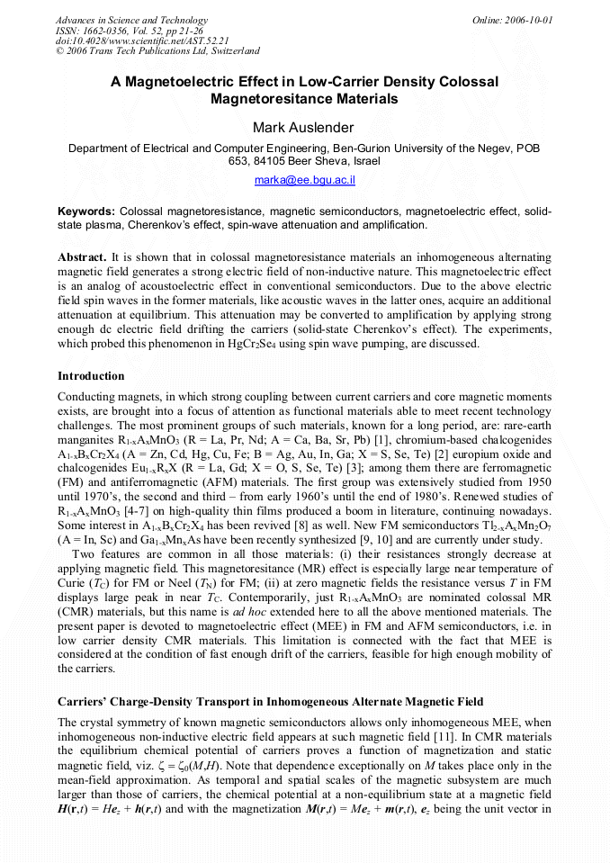 A Magnetoelectric Effect in Low-Carrier Density Colossal ...