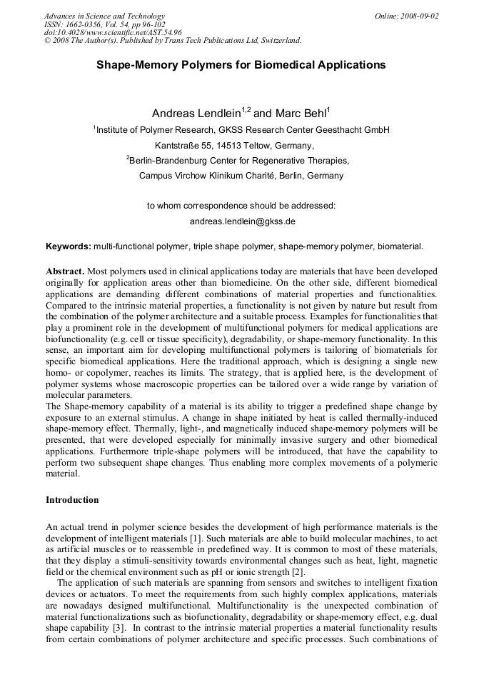 Shape-Memory Polymers for Biomedical Applications | Scientific.Net