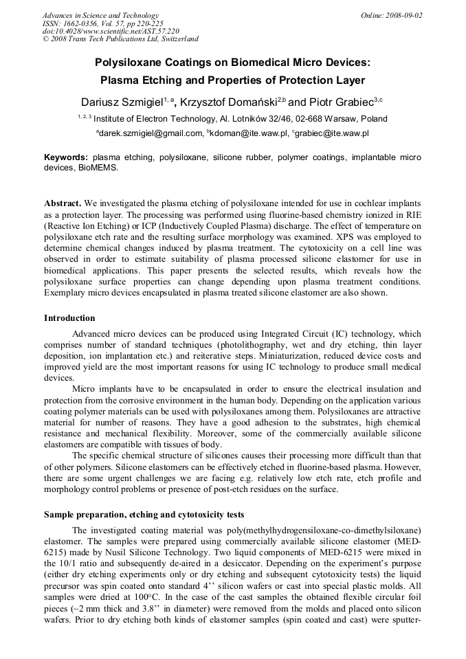 Polysiloxane Coatings on Biomedical Micro Devices: Plasma Etching and ...