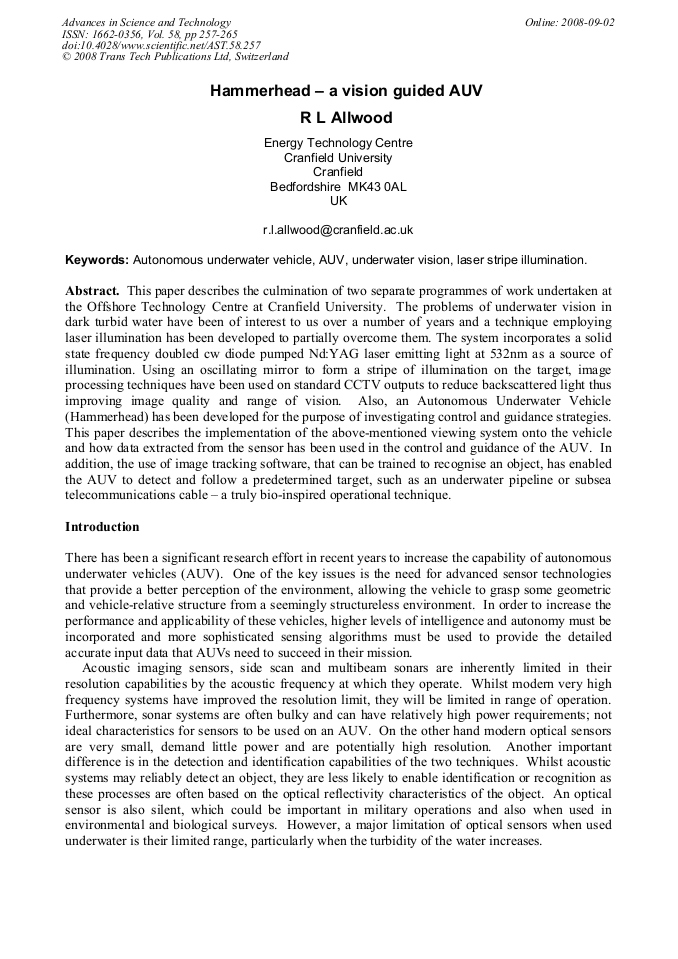 Hammerhead - A Vision Guided AUV | Scientific.Net