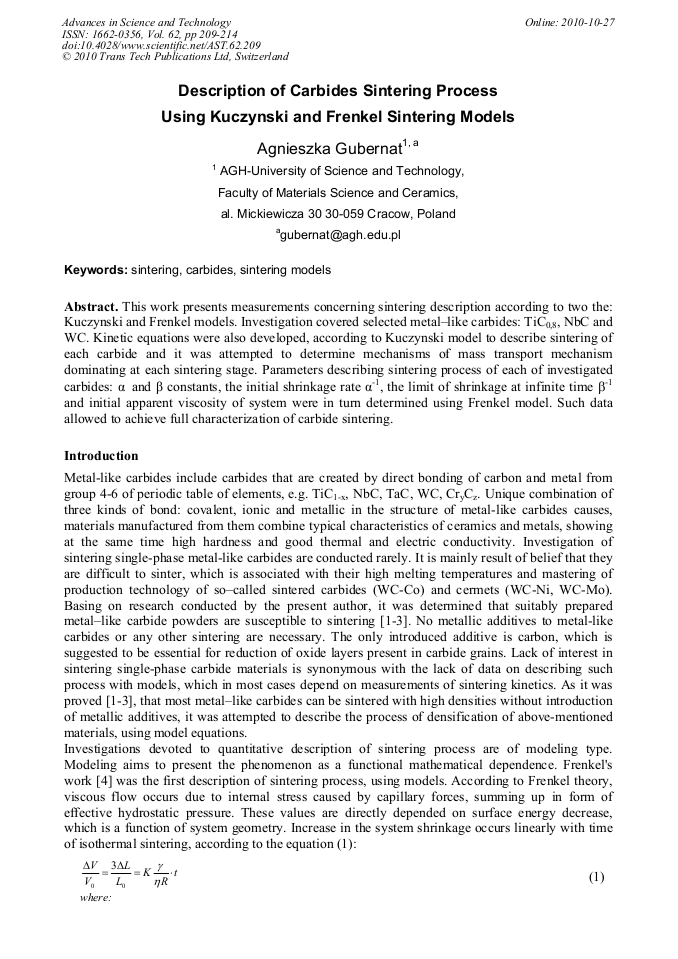 Description of Carbides Sintering Process Using Kuczynski and Frenkel ...