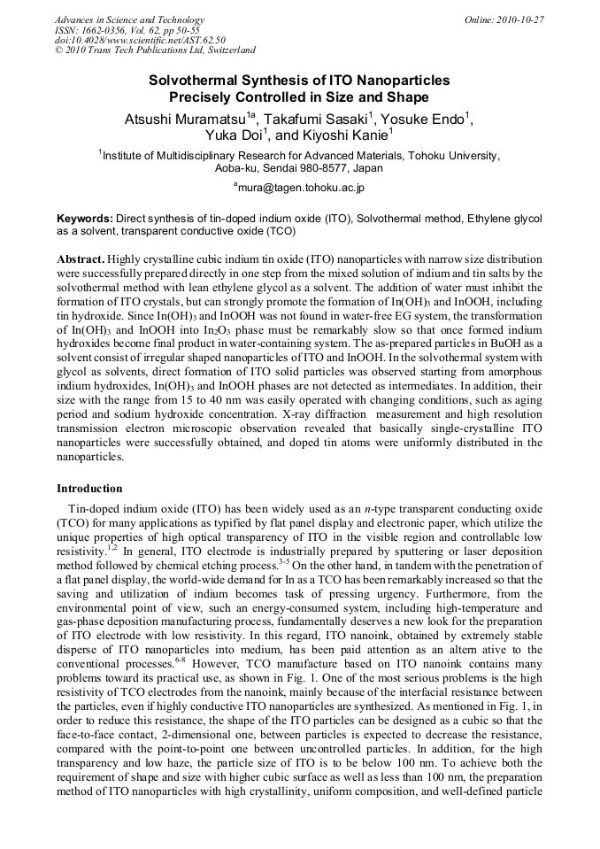 Solvothermal Synthesis of ITO Nanoparticles Precisely Controlled in ...