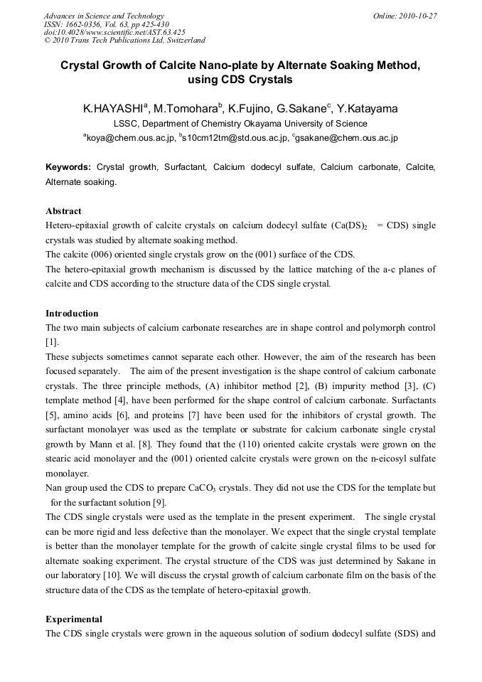 Crystal Growth of Calcite Nano-Plate by Alternate Soaking Method, Using ...