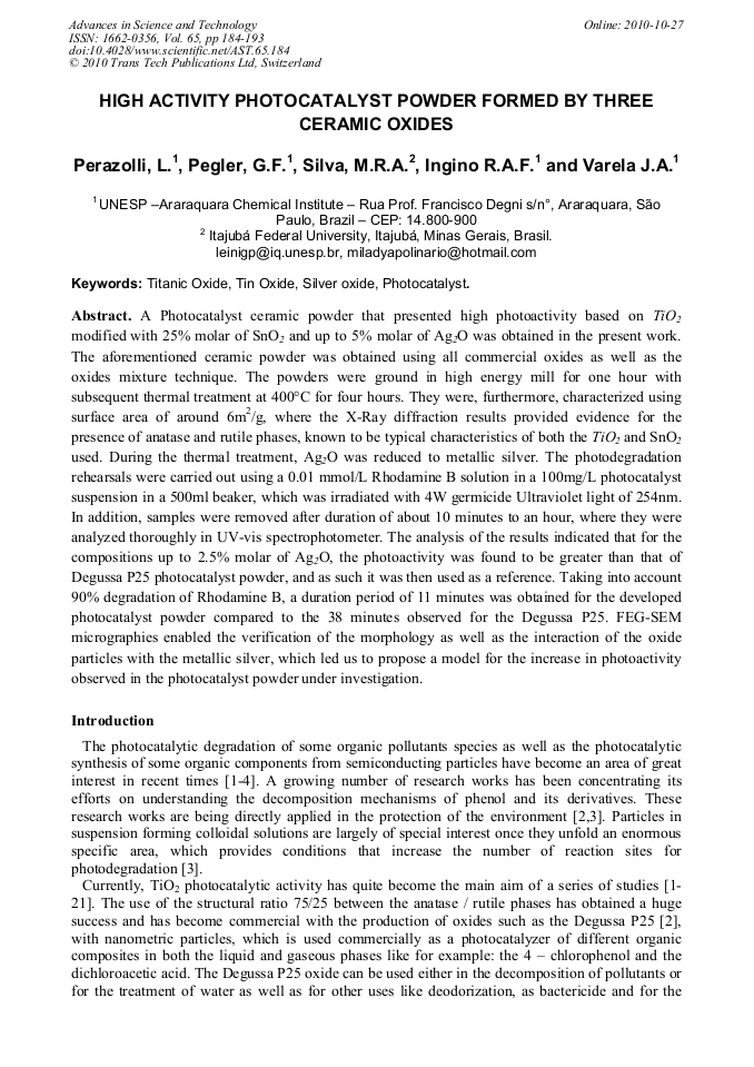 High Activity Photocatalyst Powder Formed by Three Ceramic Oxides ...