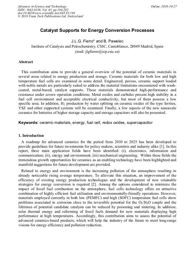 Catalyst Supports for Energy Conversion Processes | Scientific.Net