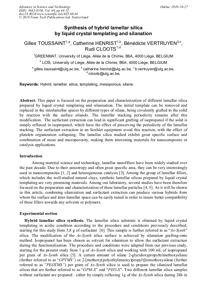 Synthesis of Hybrid Lamellar Silica by Liquid Crystal Templating and ...