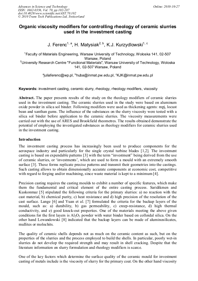 Organic Viscosity Modifiers for Controlling Rheology of Ceramic ...