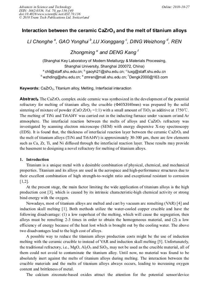 Interaction between the Ceramic CaZrO3 and the Melt of Titanium Alloys ...