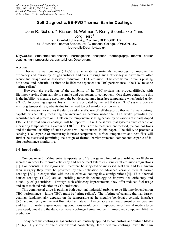 Self Diagnostic EB-PVD Thermal Barrier Coatings | Scientific.Net