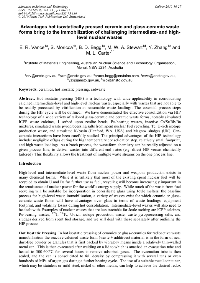 Advantages Hot Isostatically Pressed Ceramic and Glass-Ceramic Waste ...