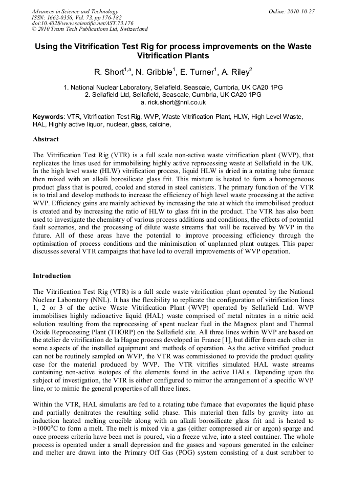 Using the Vitrification Test Rig for Process Improvements on the Waste ...