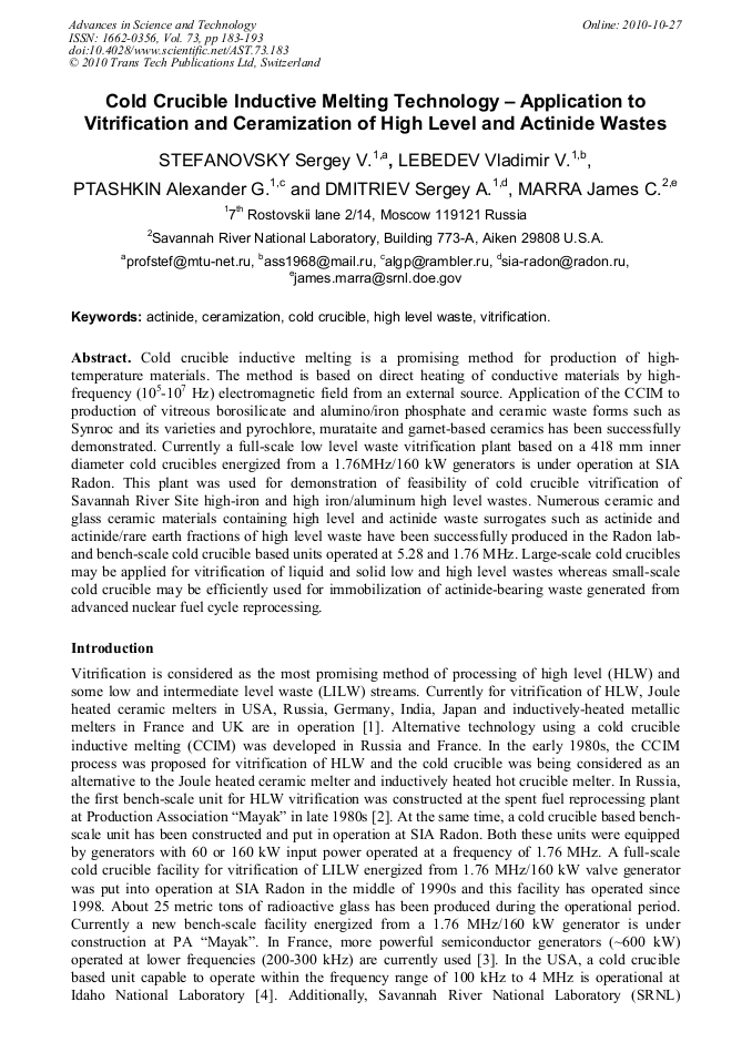 Cold Crucible Inductive Melting Technology – Application to ...