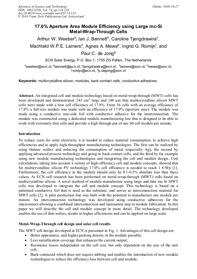 17.0% Aperture Area Module Efficiency Using Large mc-Si Metal-Wrap ...