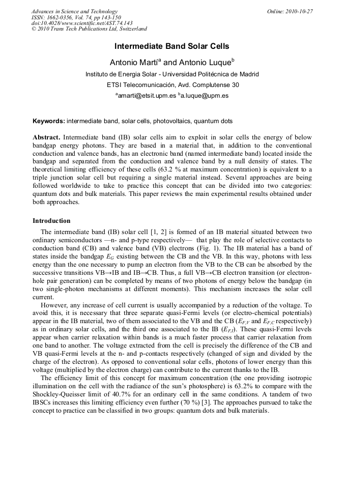 Intermediate Band Solar Cells | Scientific.Net