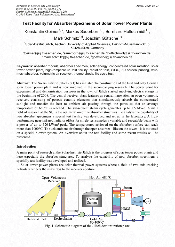 Test Facility for Absorber Specimens of Solar Tower Power Plants ...