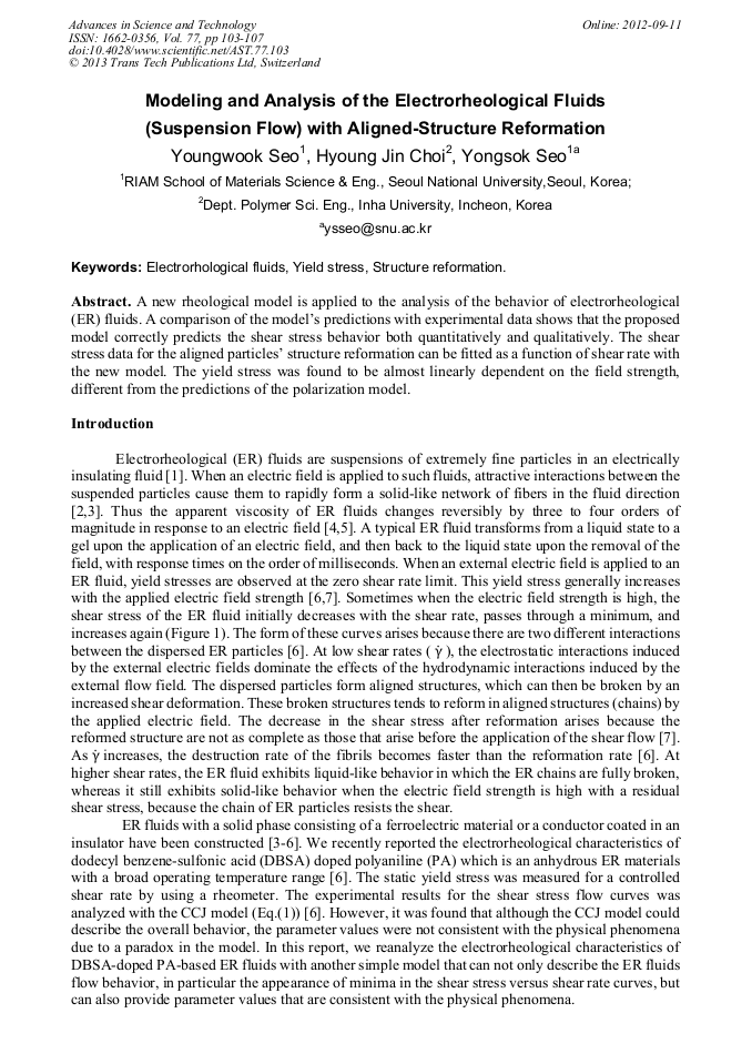 Modeling and Analysis of the Electrorheological Fluids (Suspension Flow ...
