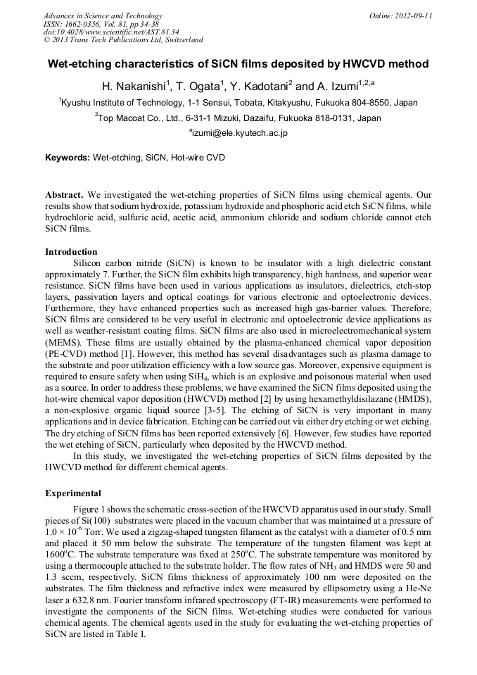 Wet-Etching Characteristics of SiCN Films Deposited by HWCVD Method ...