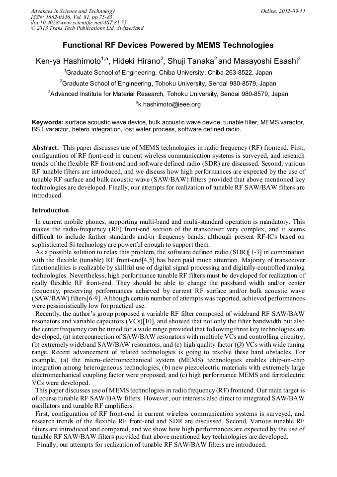 Functional RF Devices Powered by MEMS Technologies | Scientific.Net