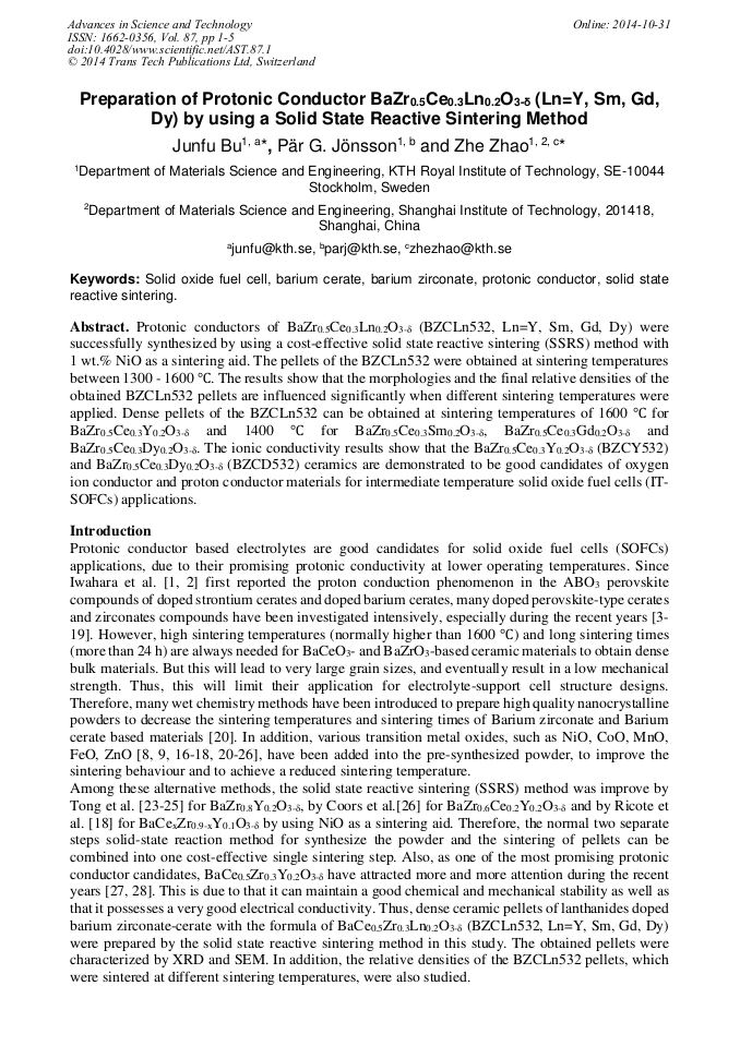 Preparation of Protonic Conductor BaZr0.5Ce0.3Ln0.2O3-δ (Ln=Y, Sm, Gd ...