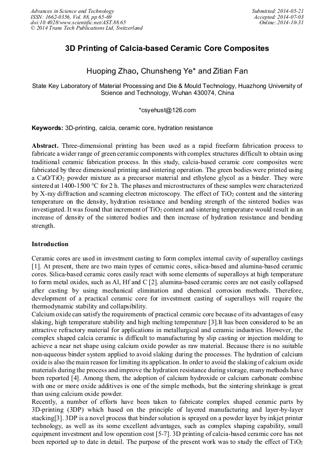 3D Printing of Calcia-Based Ceramic Core Composites | Scientific.Net
