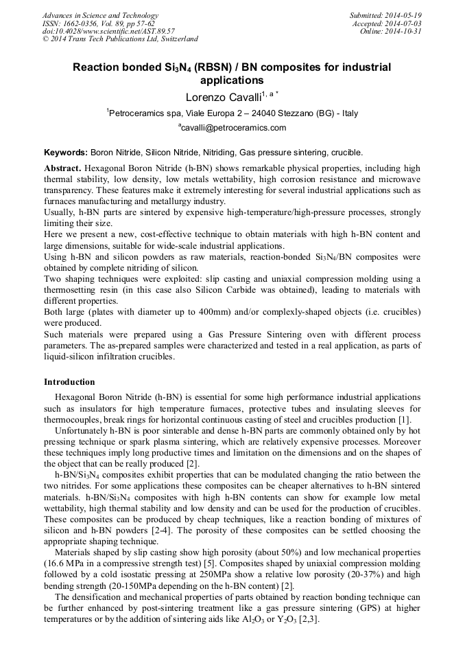 Reaction Bonded Si3N4 (RBSN)/BN Composites for Industrial Applications ...