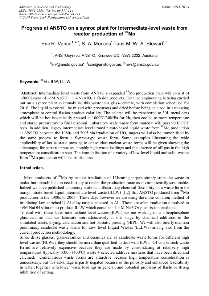 Progress at ANSTO on a Synroc Plant for Intermediate-Level Waste from ...
