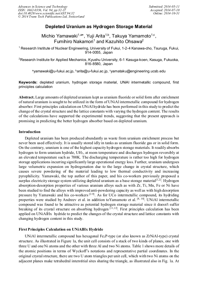 Depleted Uranium as Hydrogen Storage Material | Scientific.Net