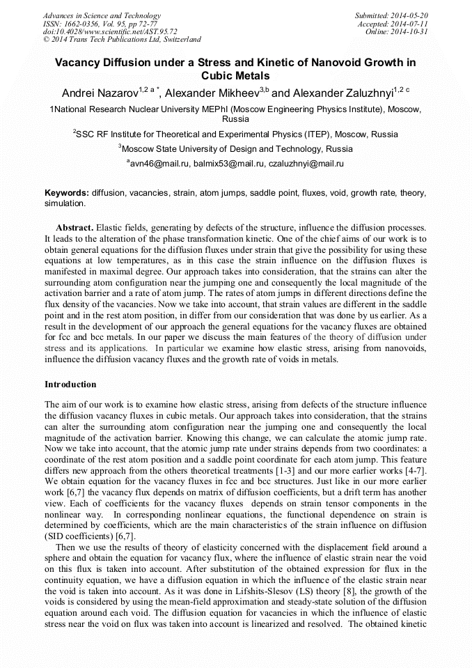 Vacancy Diffusion under a Stress and Kinetic of Nanovoid Growth in ...