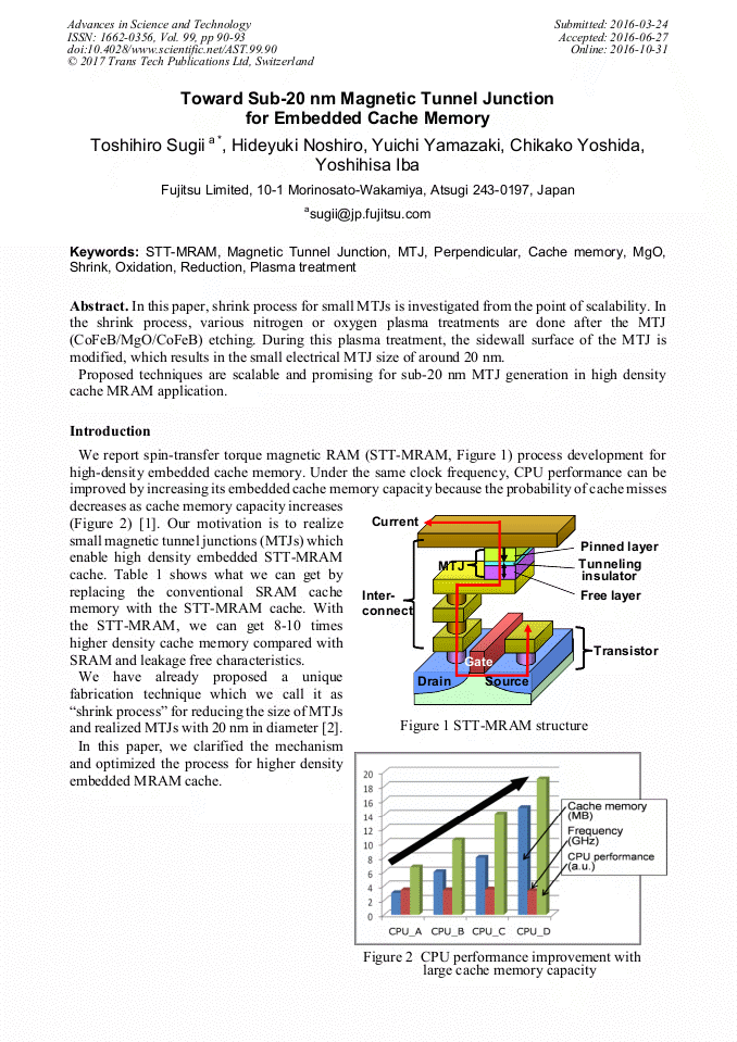 Toward Sub-20 nm Magnetic Tunnel Junction for Embedded Cache Memory ...